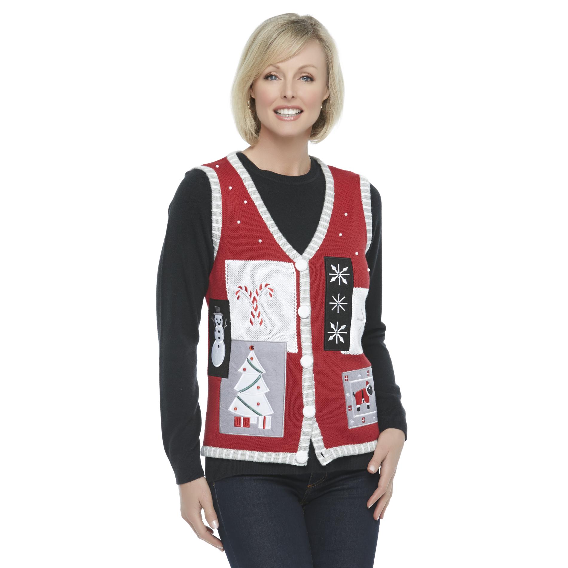 Holiday Editions Women's Sweater Vest - Christmas Snowflakes & Snowman