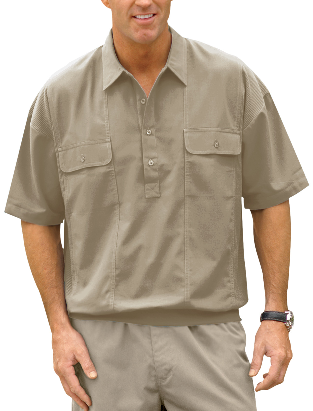 Harbor Bay Men's Big and Tall Short-Sleeve Mesh Panel Banded-Bottom Shirt