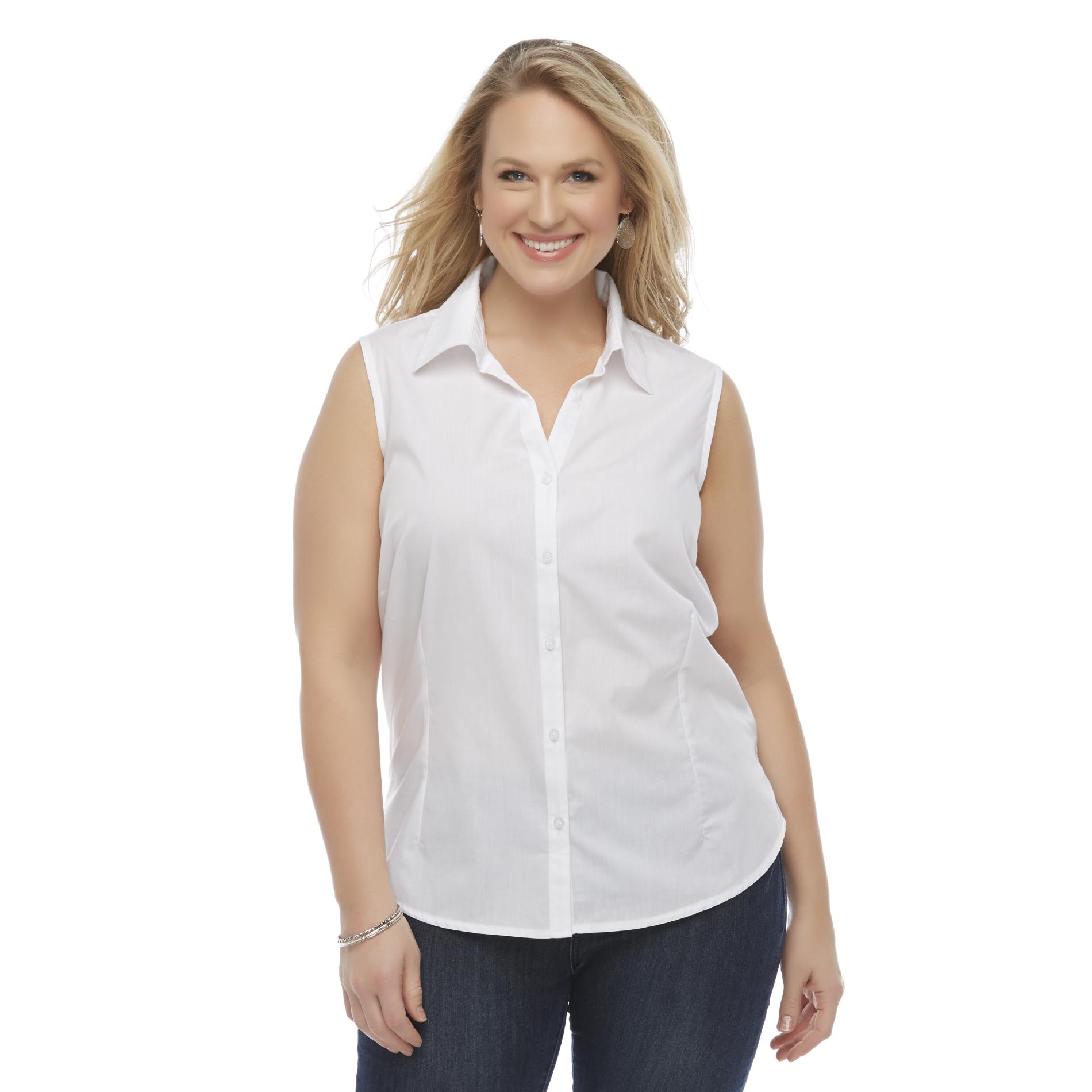 Basic Editions Women's Plus Sleeveless Camp Shirt