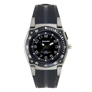 Sharp Mens Sport Watch w/Round Black/ST Case, Black Dial and Resin Band