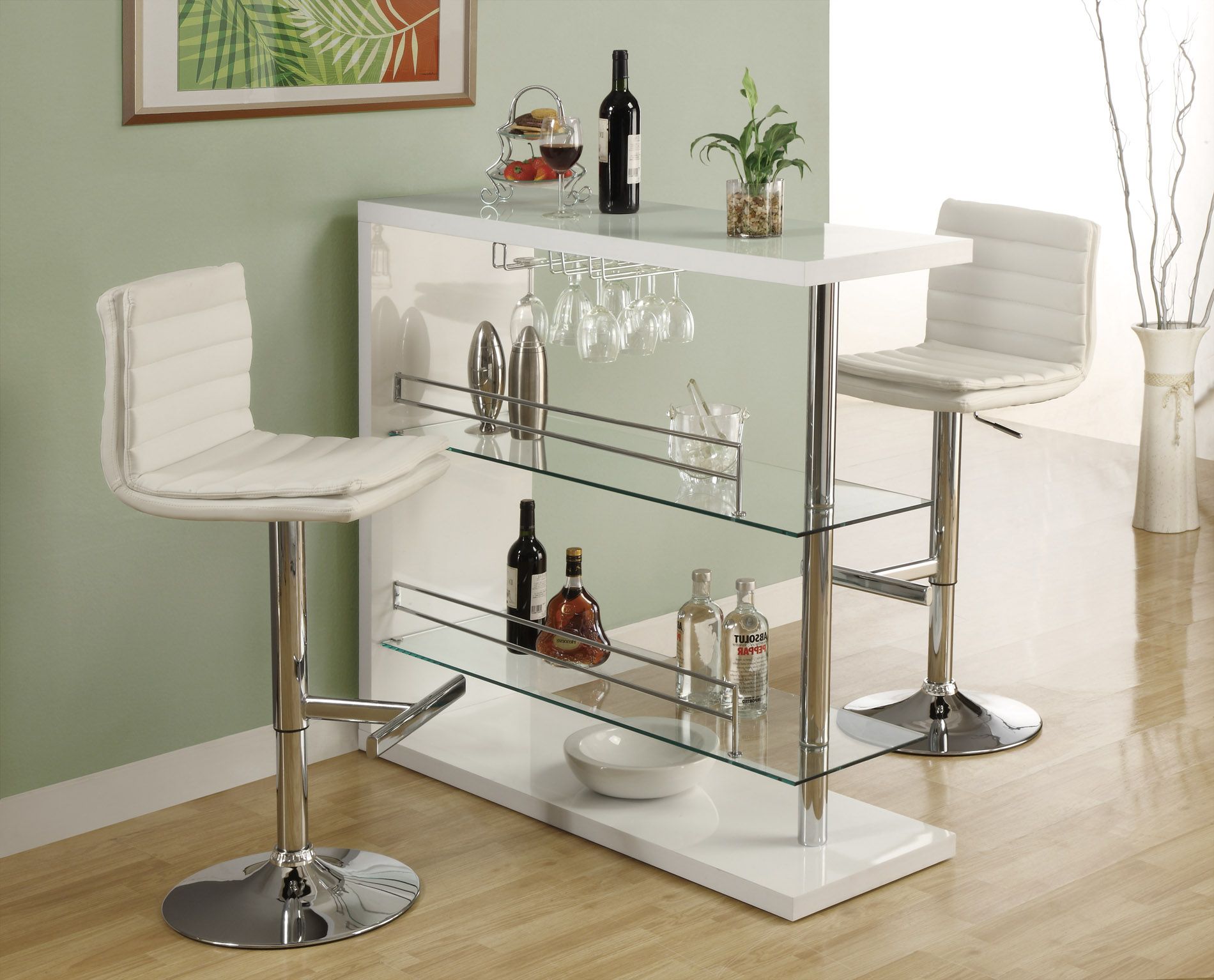 HOME BAR - 48"L / WHITE GLOSSY / CHROME METAL