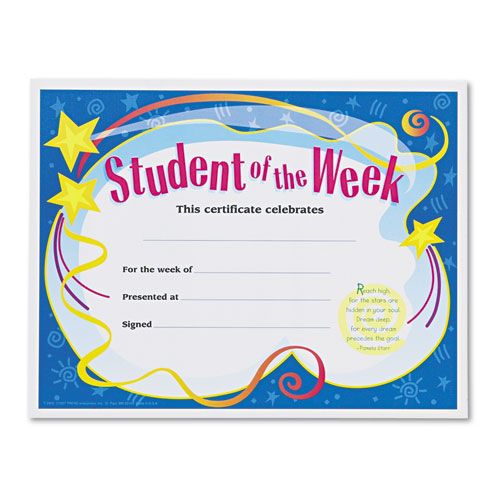 TEPT2960 STUDENT OF THE WEEK CERTIFICATES, 8-1/2 X 11, WHITE BORDER, 30 ...