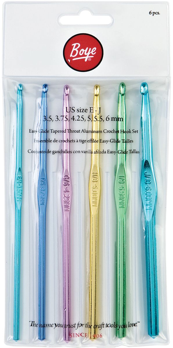 Boye Aluminum Crochet Hook Set Sizes E, F, G, H, I & J