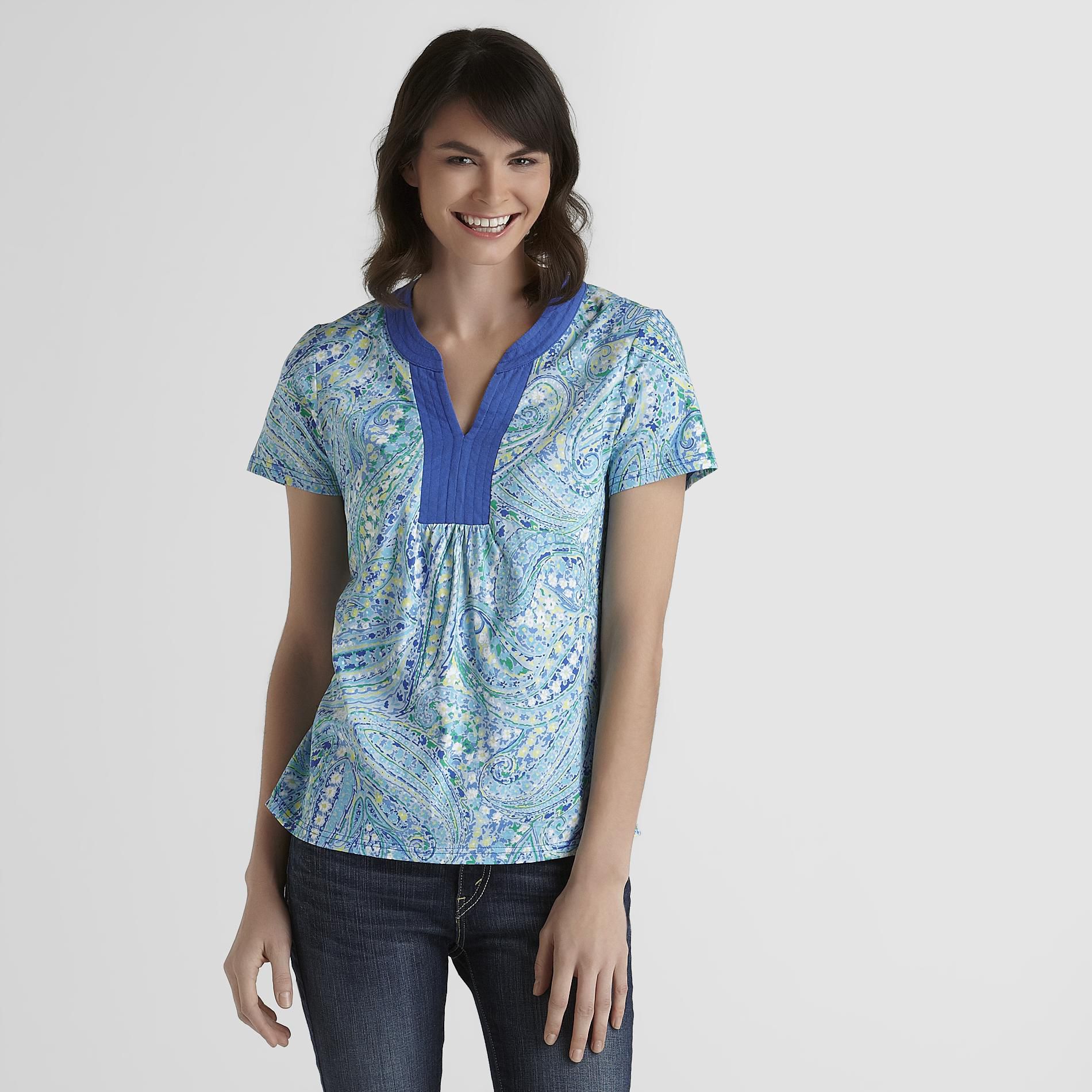 Basic Editions Women's Split Neck T-Shirt - Quilted