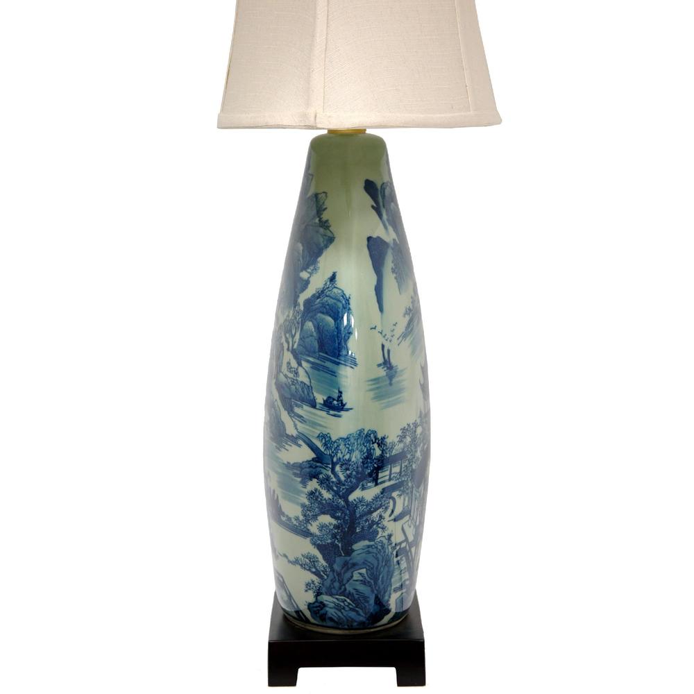 Oriental Furniture Blue and White Ming Landscape Vase Lamp