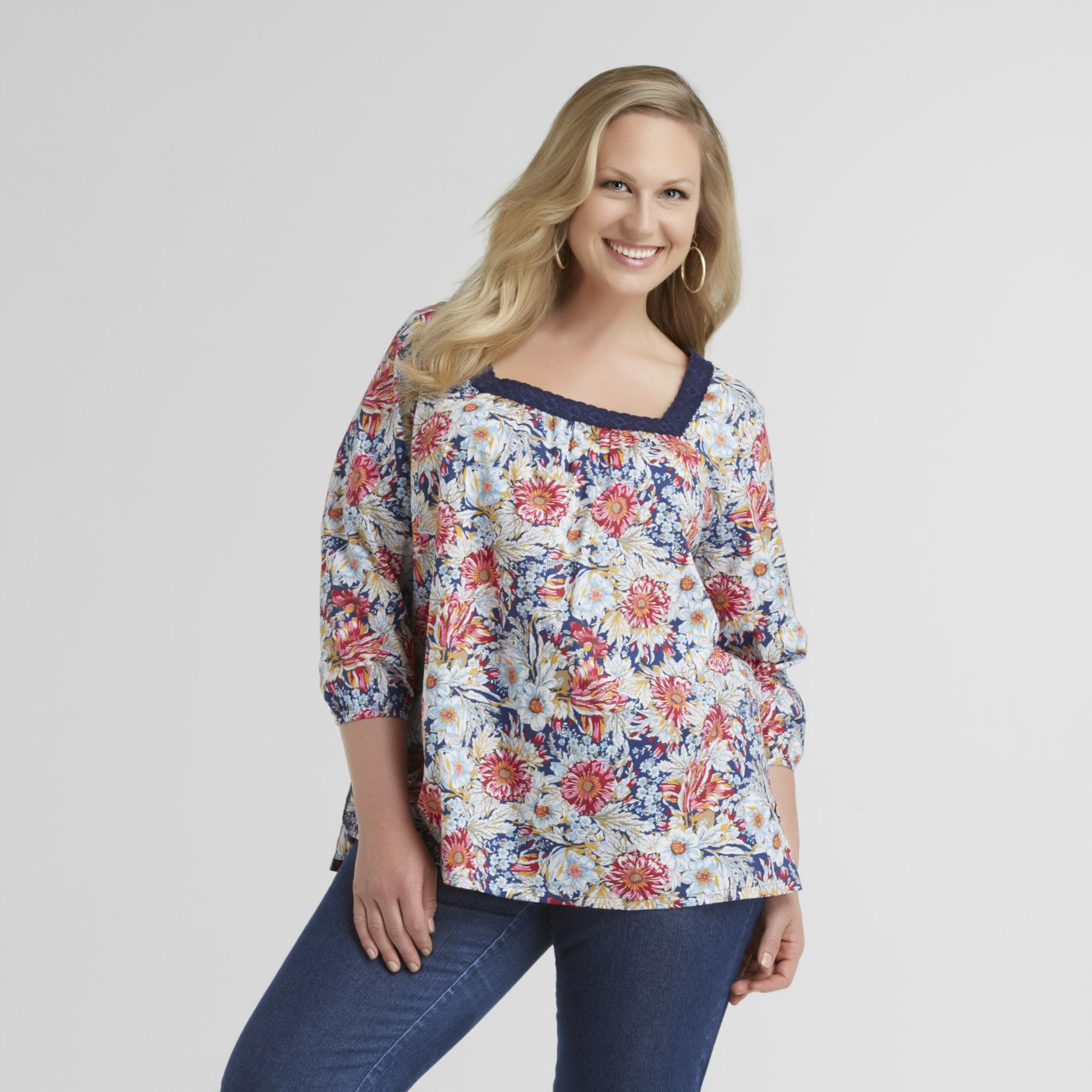 Basic Editions Women's Plus Peasant Blouse - Floral