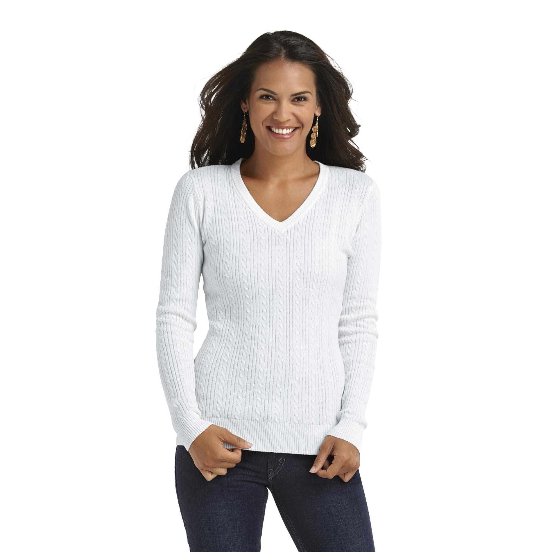 Basic Editions Women's Cable Knit V-Neck Sweater