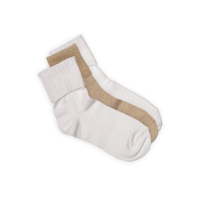 Basic Editions Women's Turn Cuff Socks Three Pairs Solid White/Blue ...