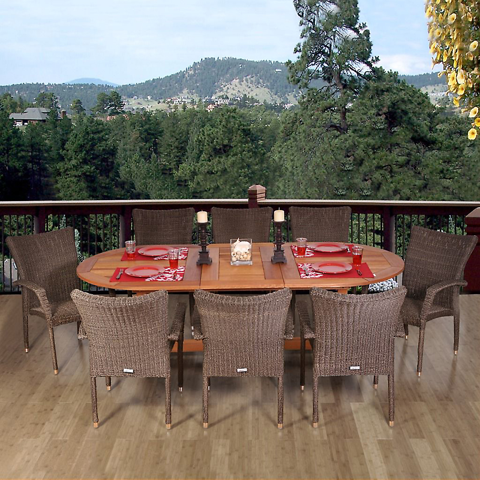 Amazonia Avignon 9 Piece Synthetic Wicker/Eucalyptus Wood Oval Patio ...