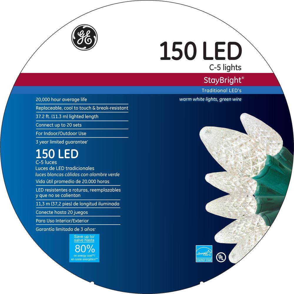 GE C5 Stay-bright LED Christmas Light Set Clear 150 Ct.
