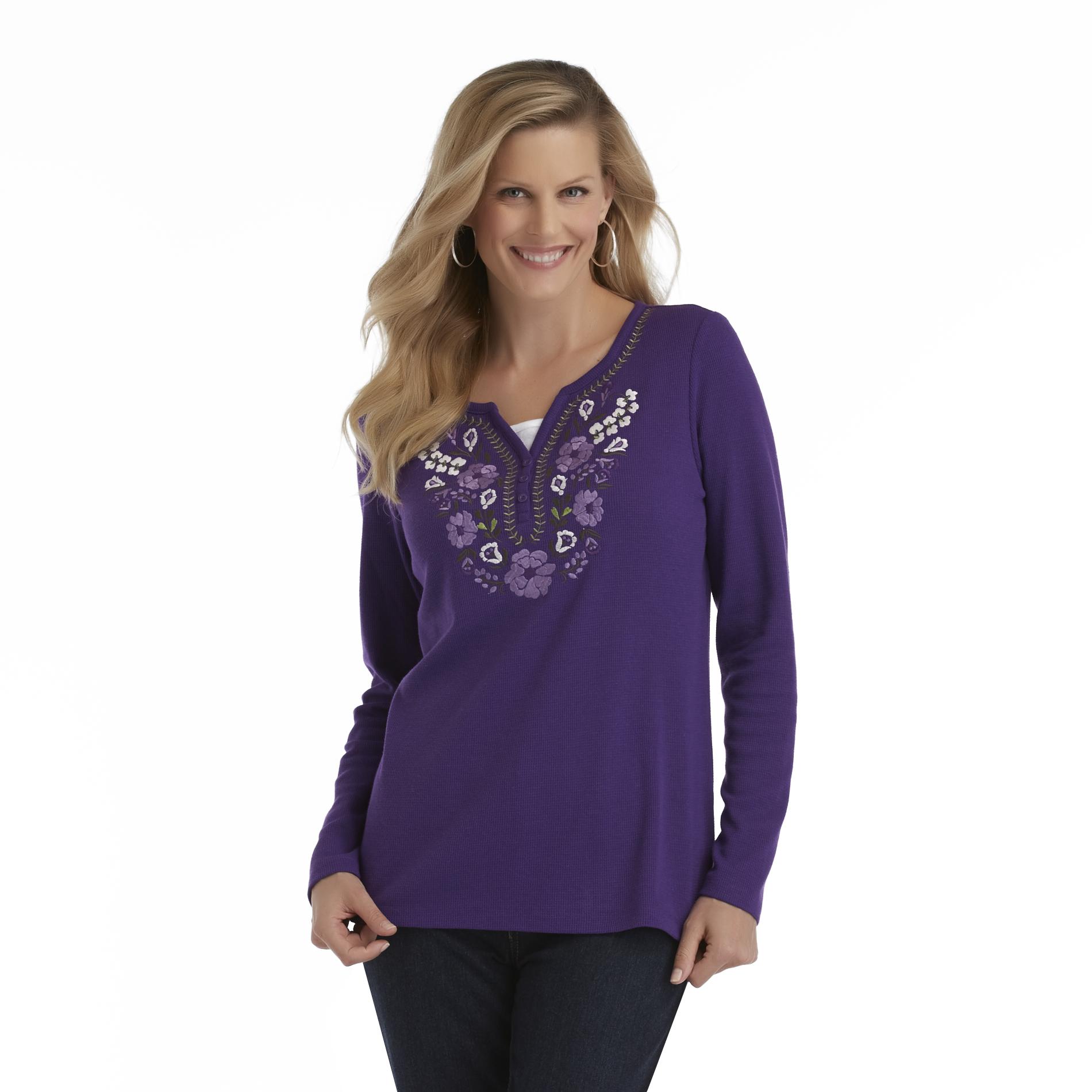 Laura Scott Women's Thermal Henley Top - Embroidered Floral