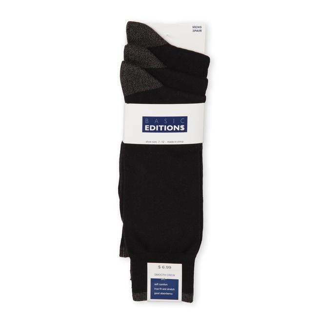 Basic Editions Men's 3-Pairs Smooth Crew Socks