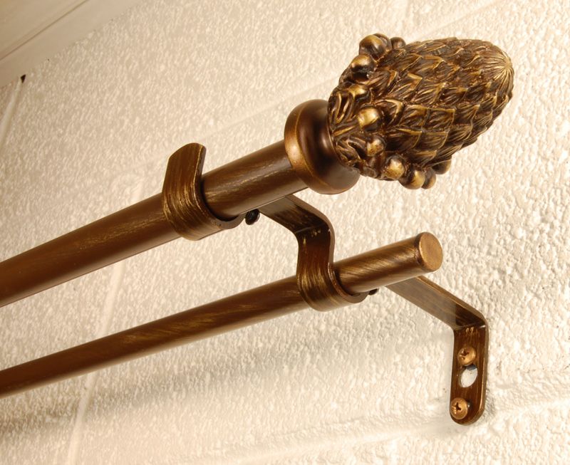 BCL Pine Cone Double Curtain Rod Set, Antique Gold Finish, 28" - 48"