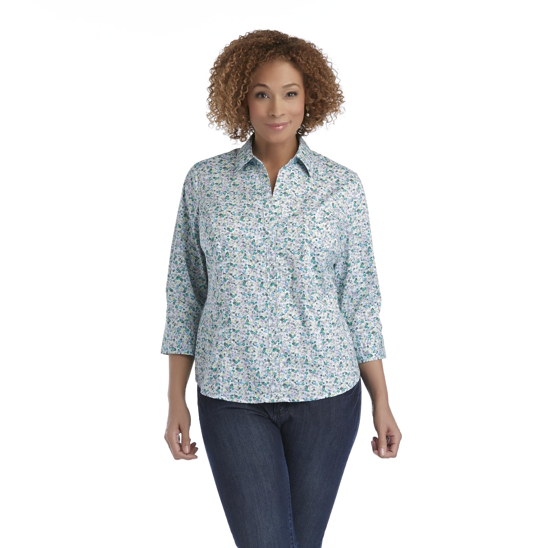 Basic Editions Women's Plus Split Neck Blouse - Floral