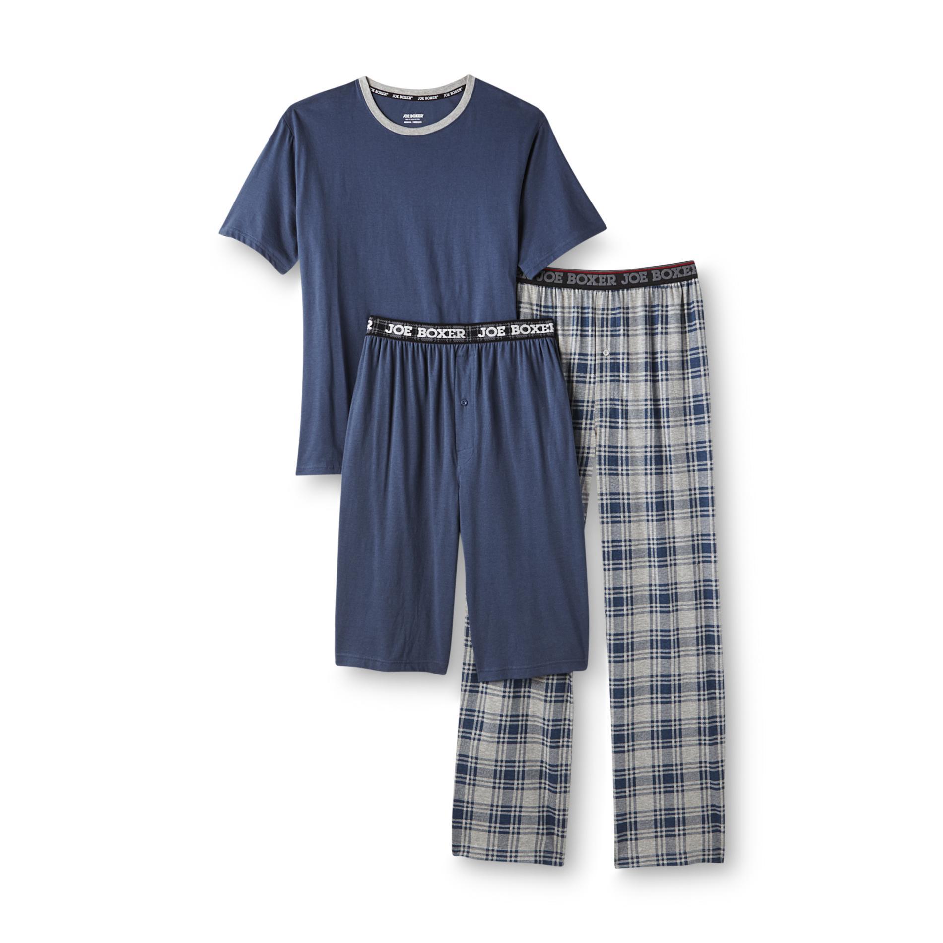 Joe Boxer Men's 3 Pc Plaid Knit Woven Pajama T-Shirt Bottoms and Shorts Set