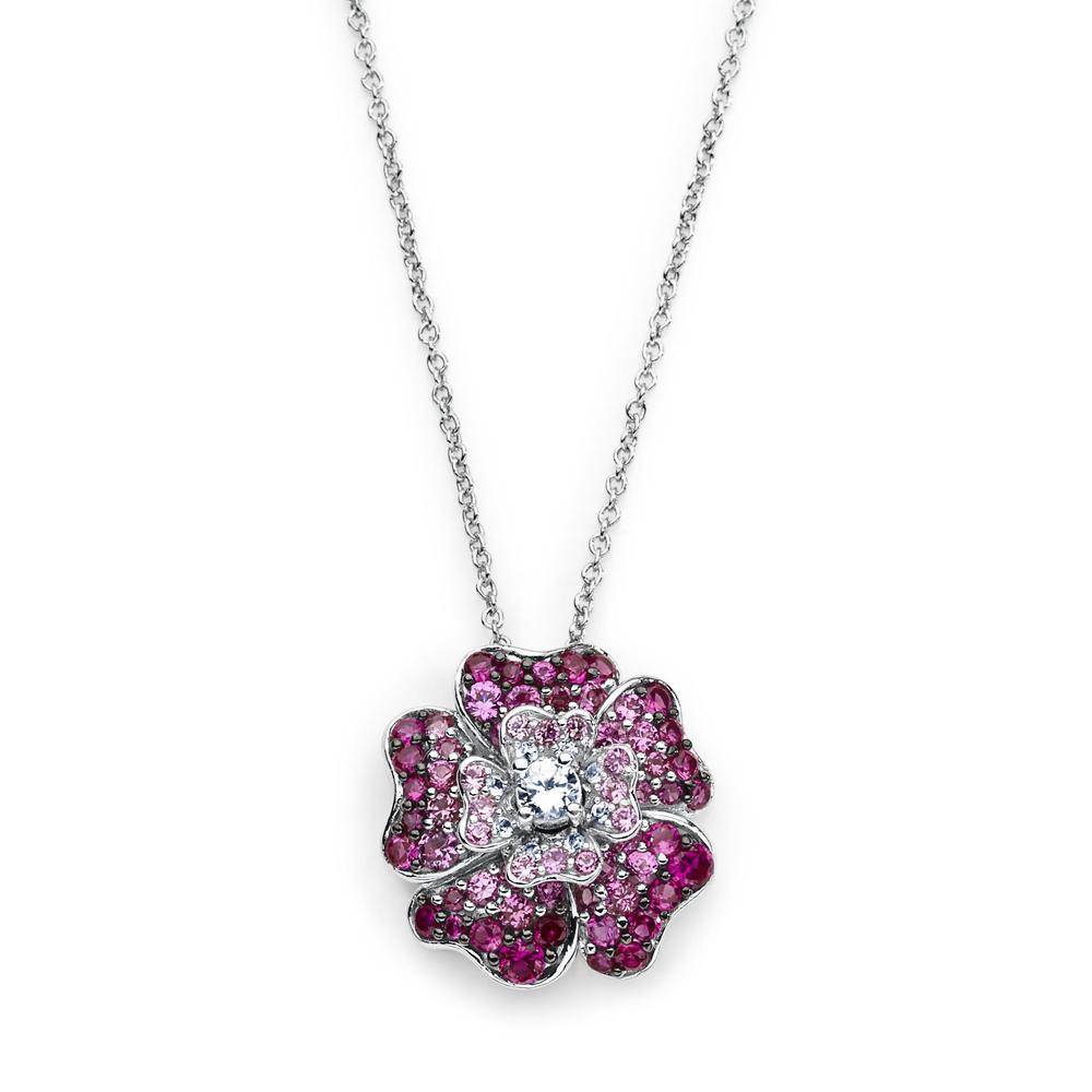 Lab Created Ruby Sterling Silver Flower Pendant