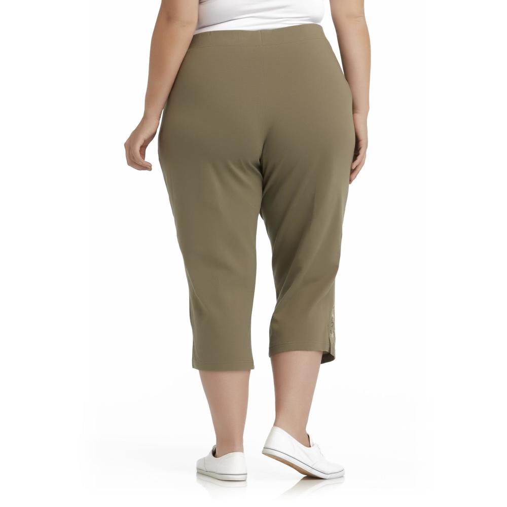Basic Editions Women's Plus Embroidered Knit Capri Pants - Floral