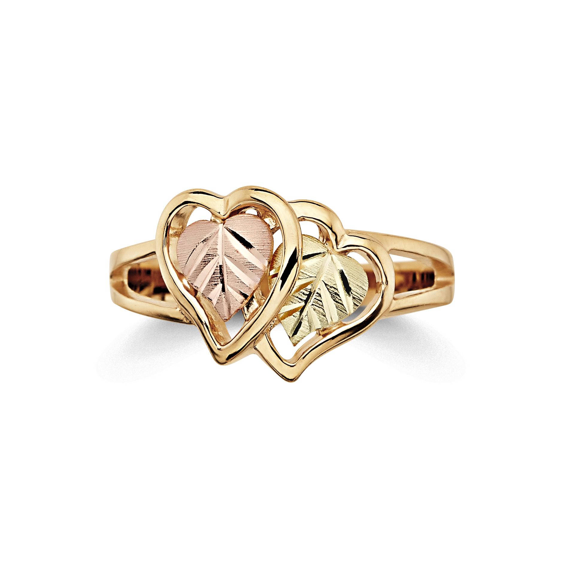 10K Black Hills Gold Tricolor Double Heart Ring