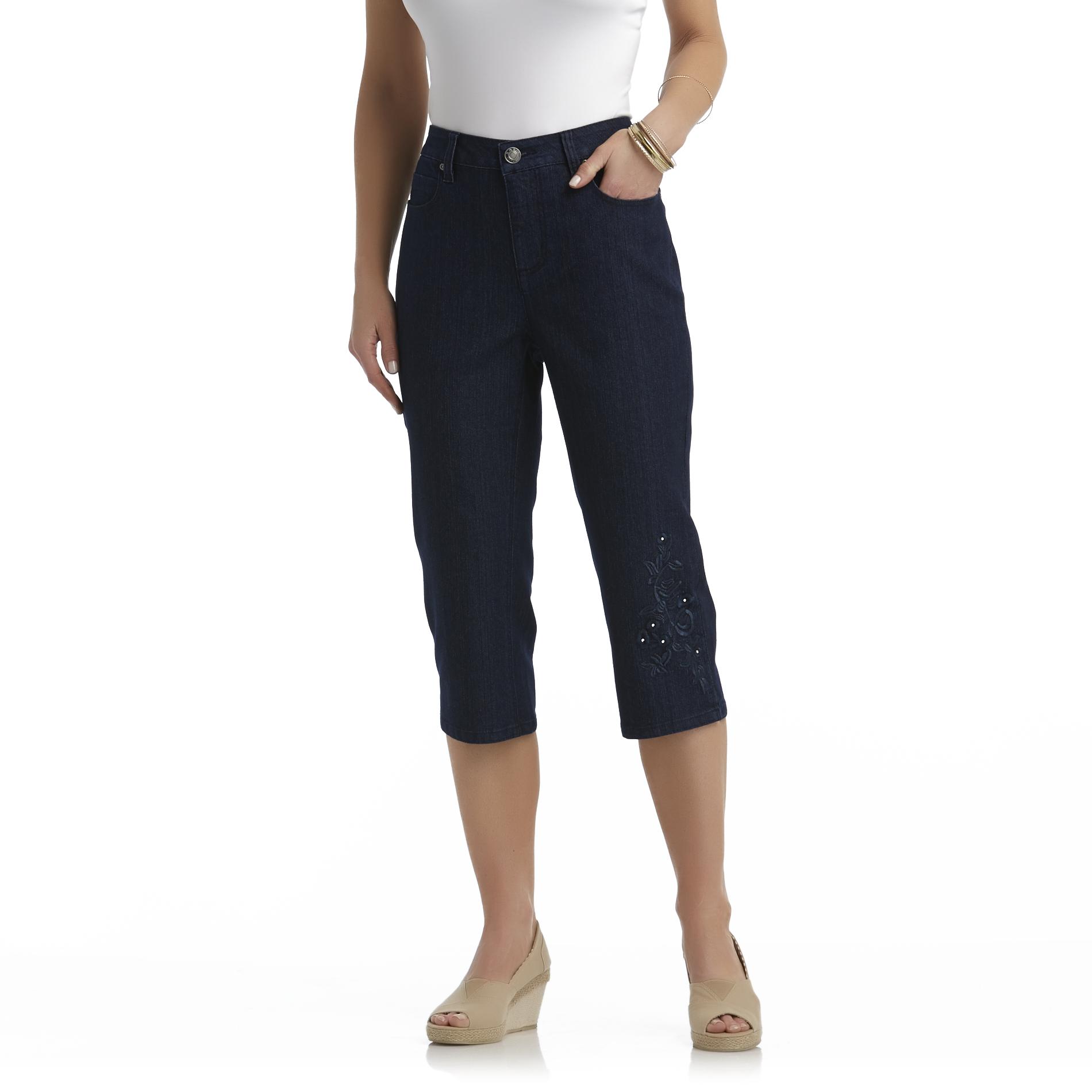 Basic Editions Women's Denim Capri Pants - Embroidered