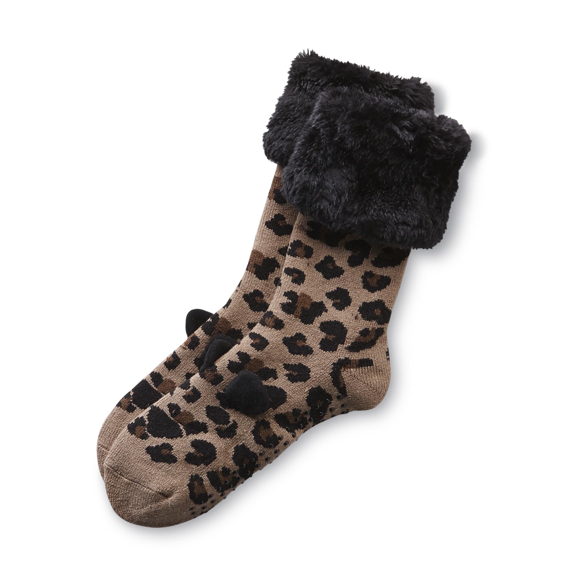 Joe Boxer Women's Cuffed Critter Slipper Socks - Faux Fur