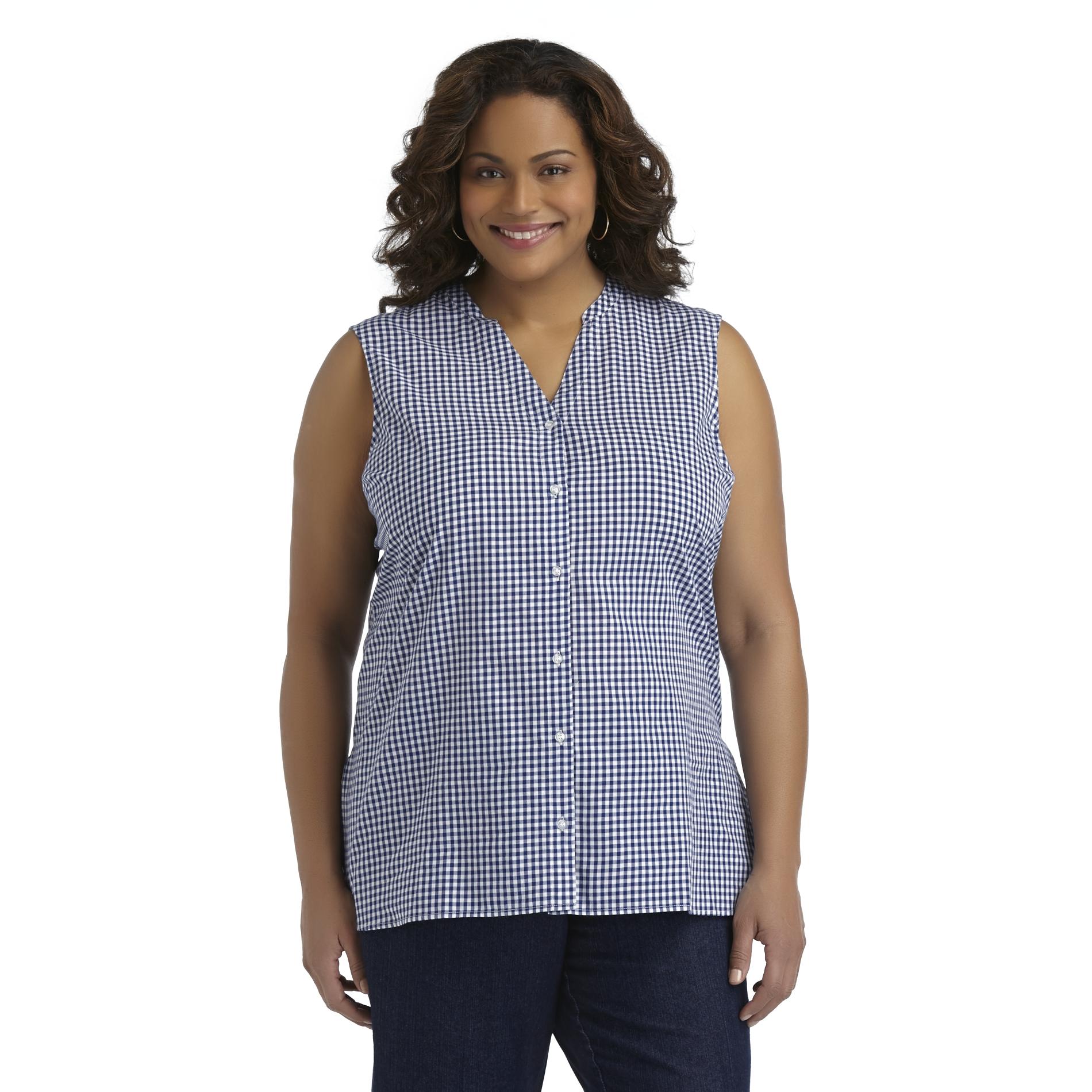 Basic Editions Women's Plus Sleeveless Button-Front Shirt - Gingham