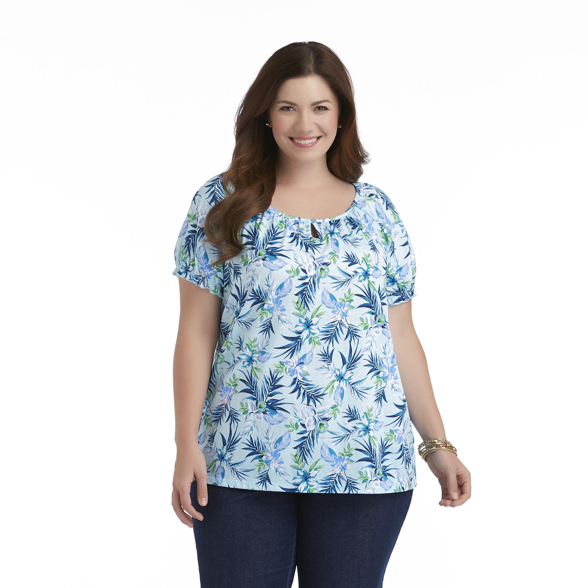 Basic Editions Women's Plus Knit Peasant Top - Floral