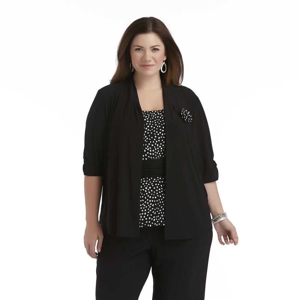 Perceptions Women's Plus Jacket Top and Pants Set - Dots