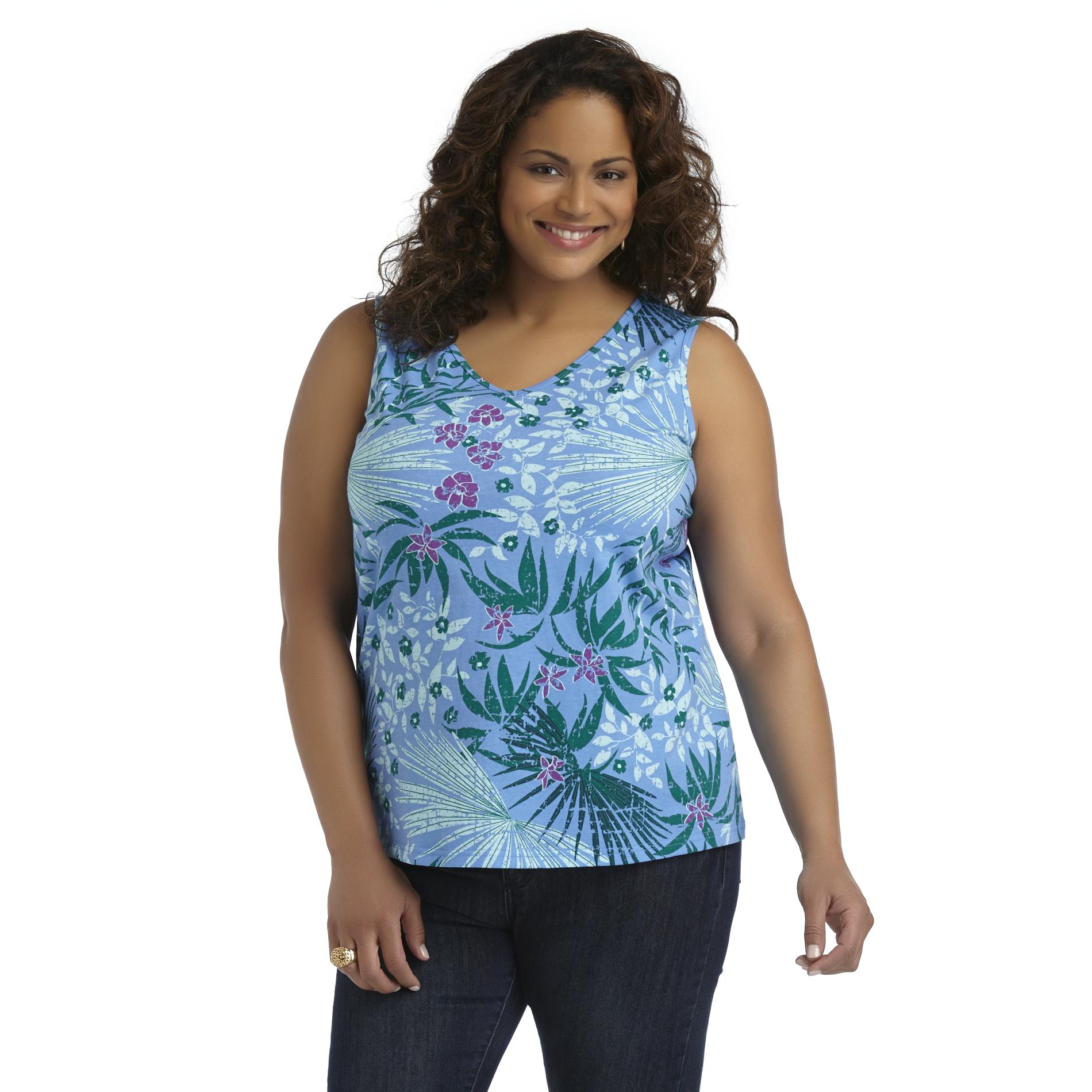 Basic Editions Women's Plus V-Neck Tank Top - Batik Floral