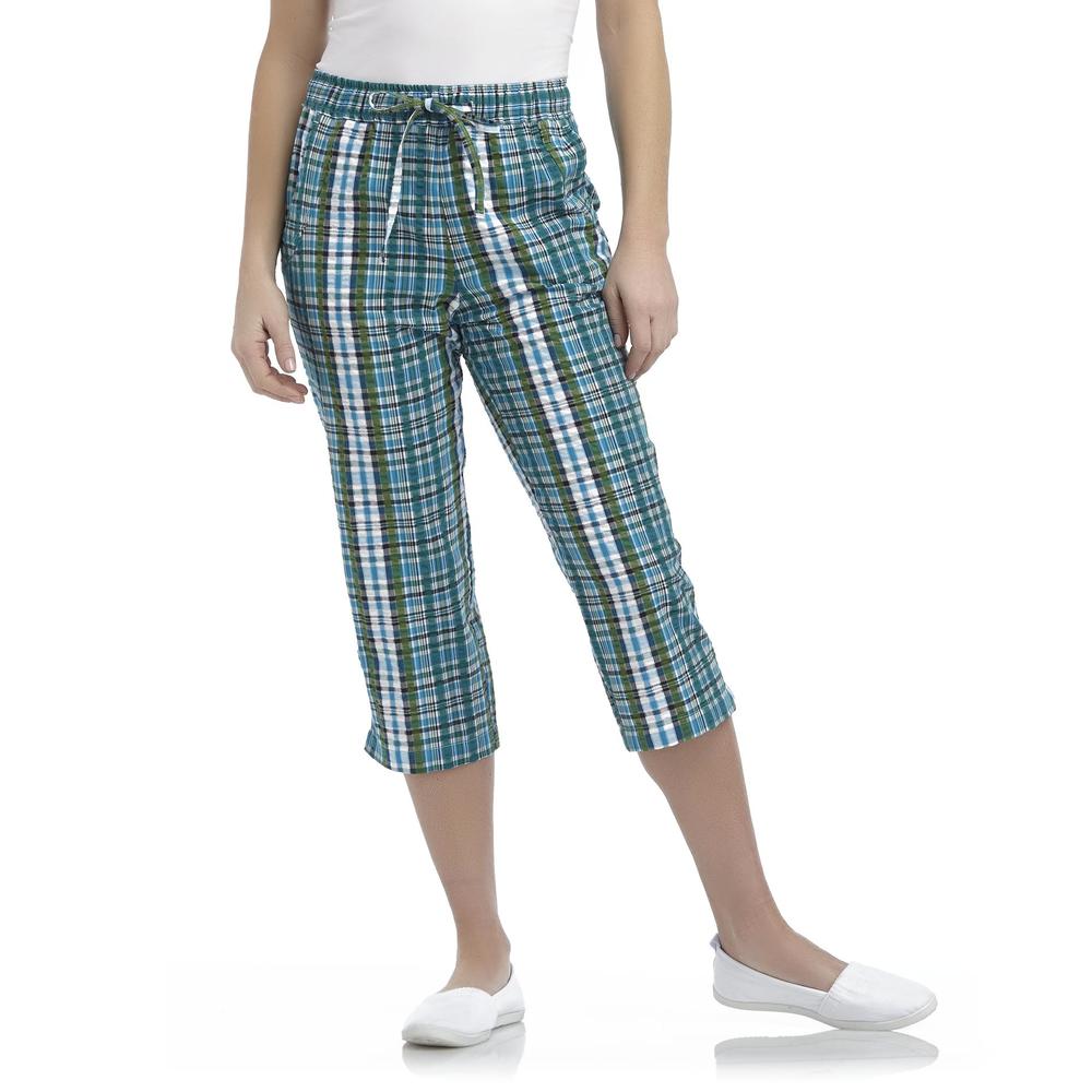 Basic Editions Women's Seersucker Capri Pants - Plaid