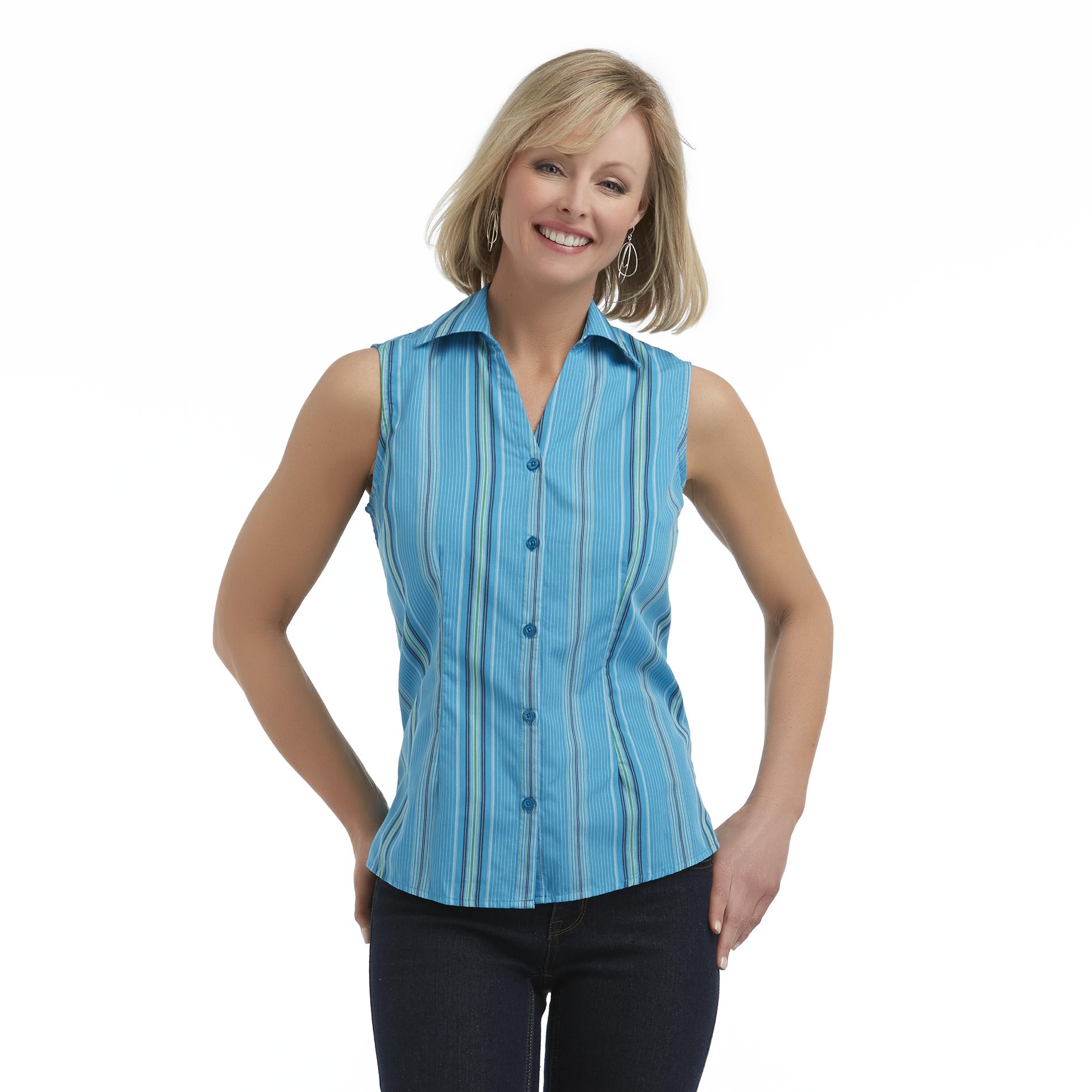 Basic Editions Women's Sleeveless Camp Shirt - Striped