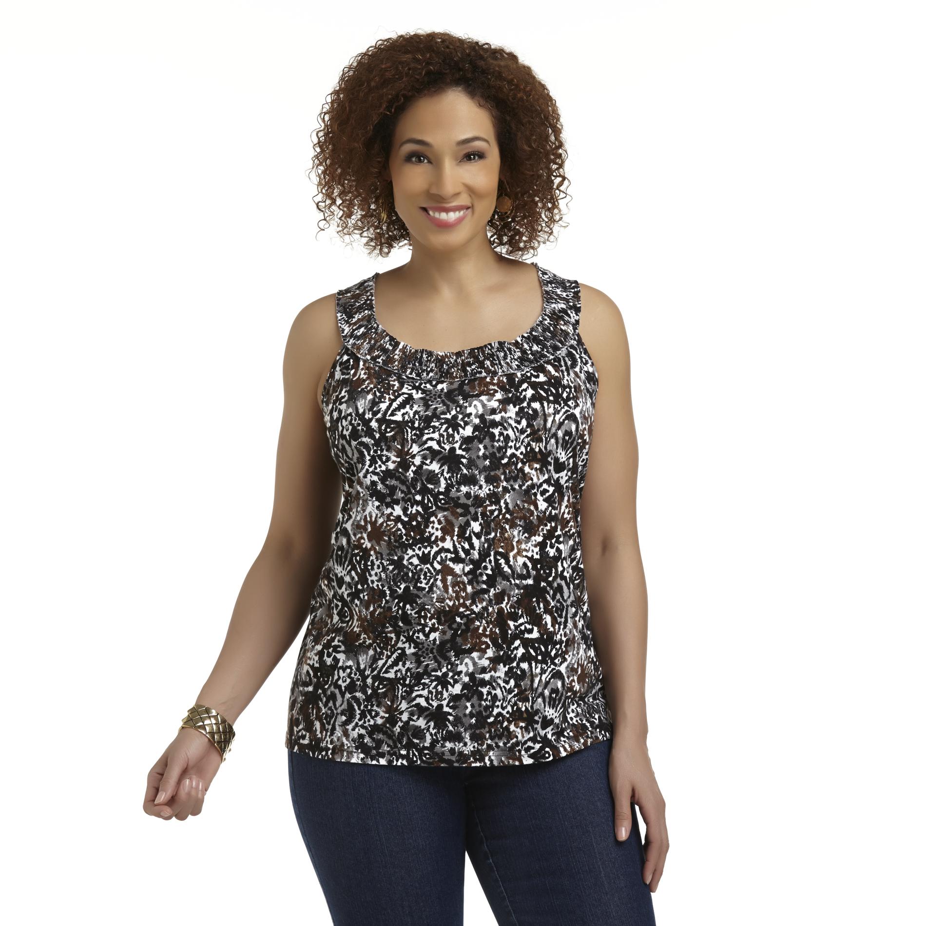 Basic Editions Women's Plus Shirred Neck Tank Top - Abstract