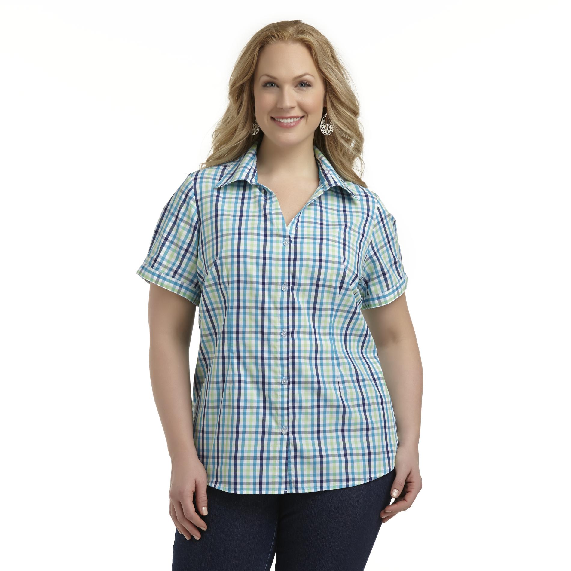 Basic Editions Women's Plus Camp Shirt - Plaid