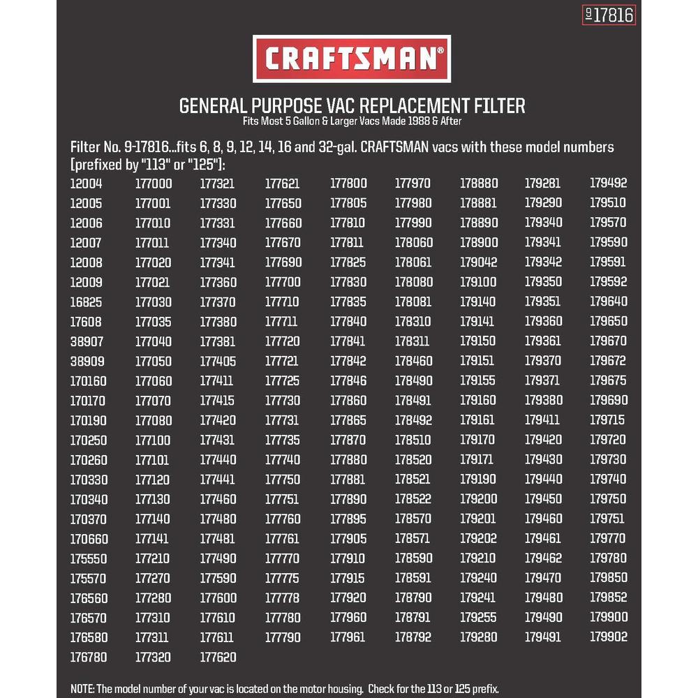 Craftsman General Purpose Red Stripe Vac Cartridge Filter