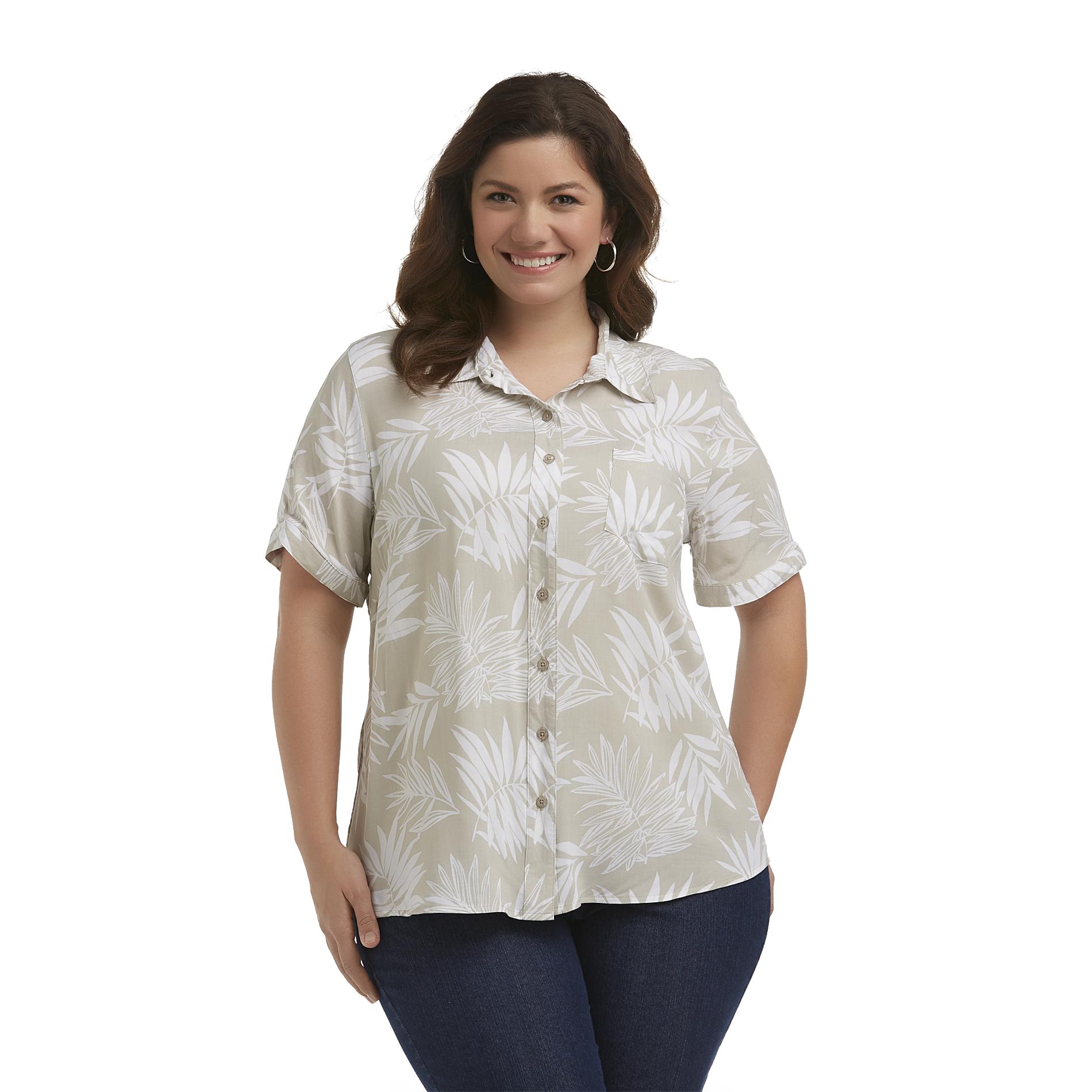 Basic Editions Women's Plus Camp Shirt - Palm Print