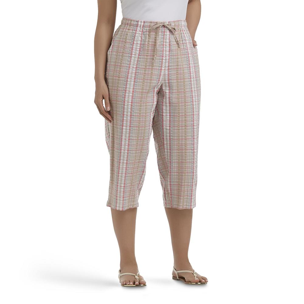 Basic Editions Women's Plus Seersucker Capri Pants - Plaid