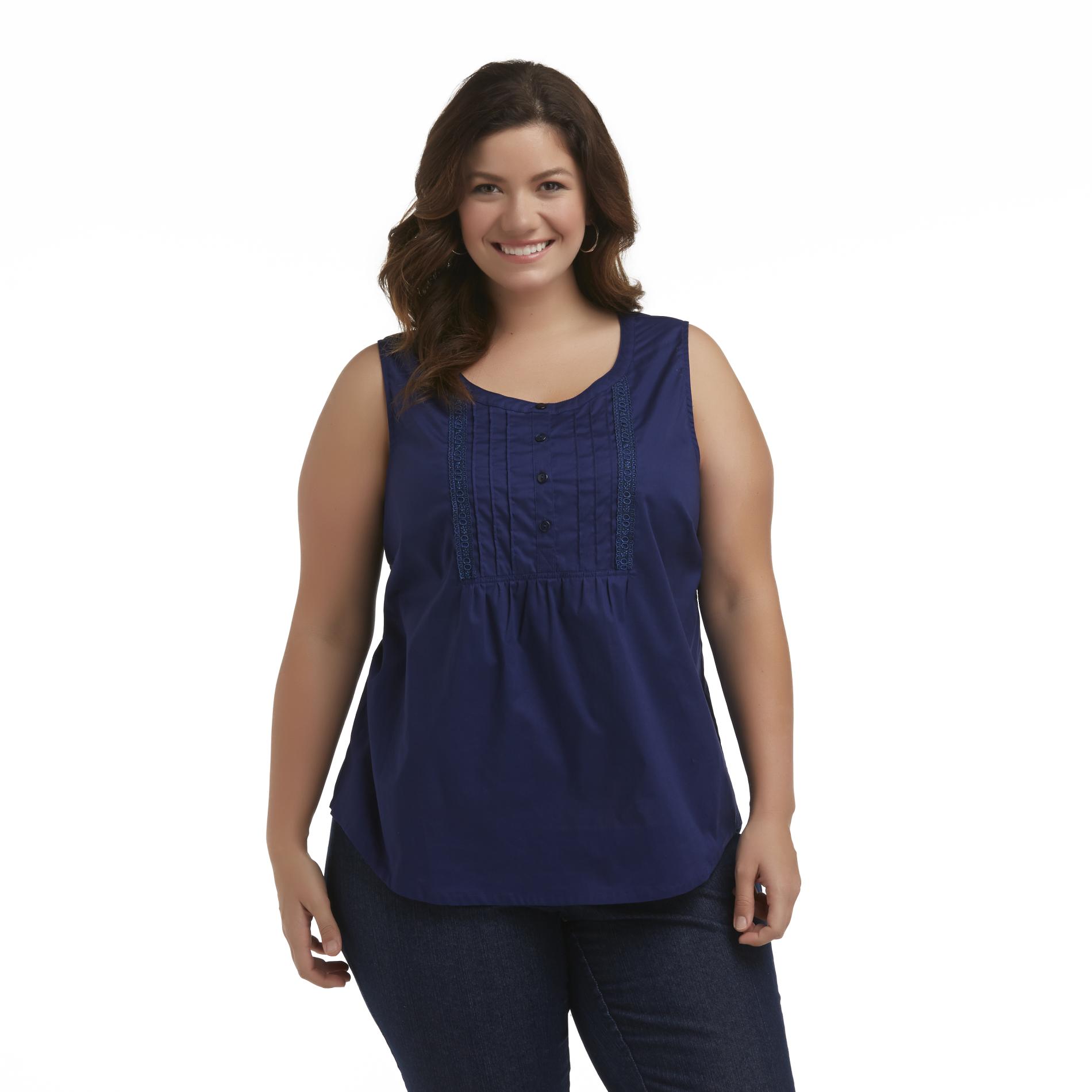 Basic Editions Women's Plus Pintuck Henley Top