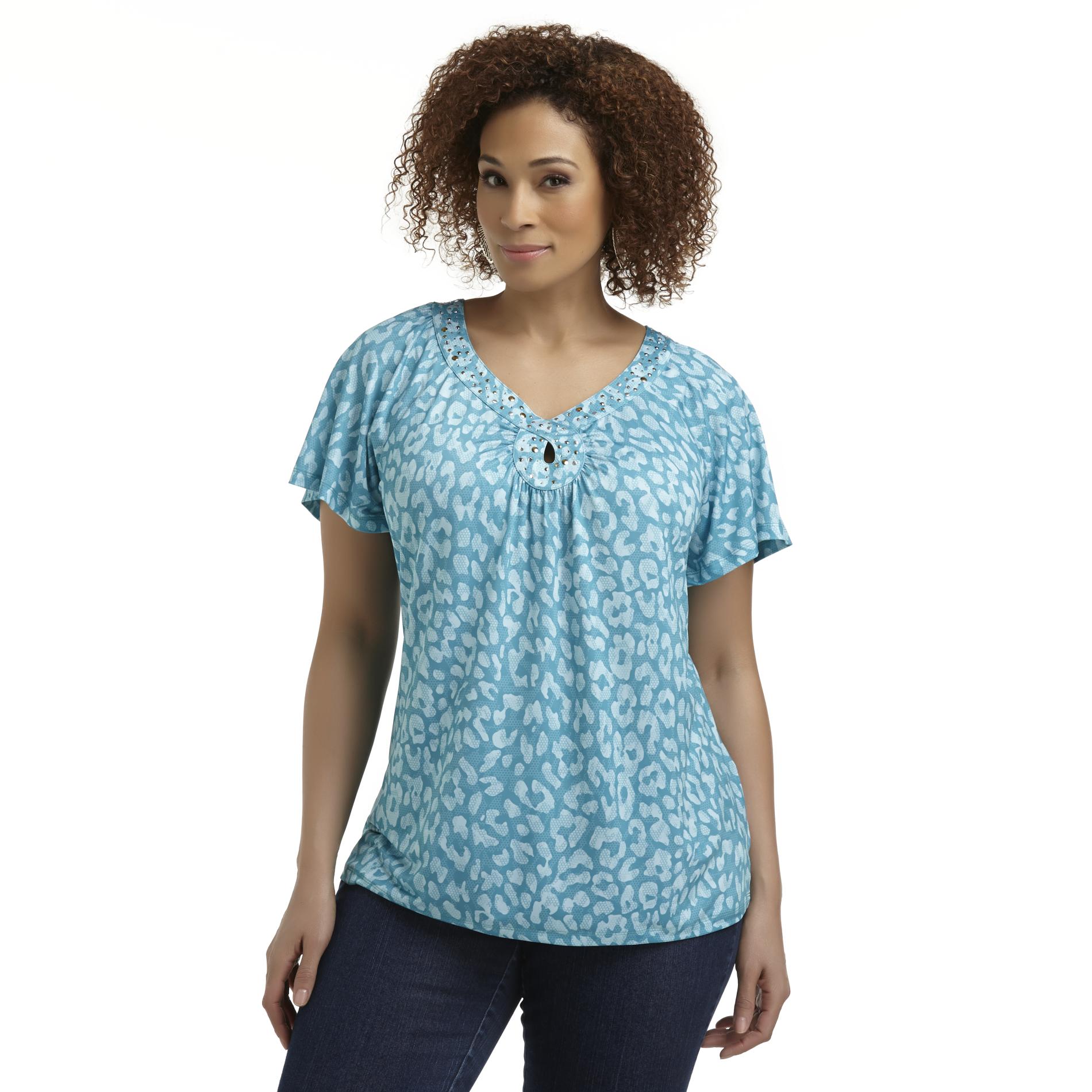 Jaclyn Smith Women's Plus Knit Peasant Top - Leopard Print