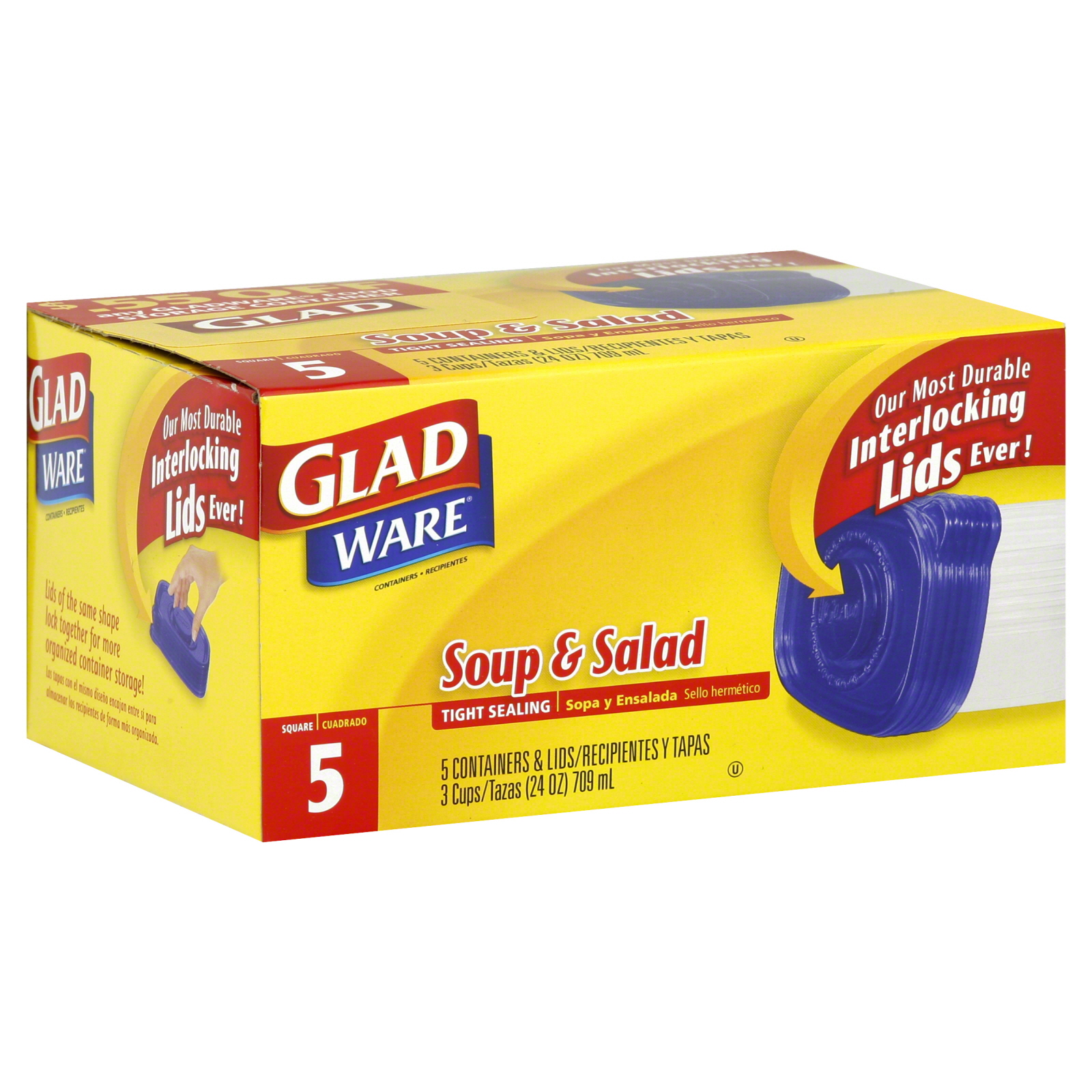 Glad Ware Containers & Lids, Soup & Salad, 3 Cups, 5 containers