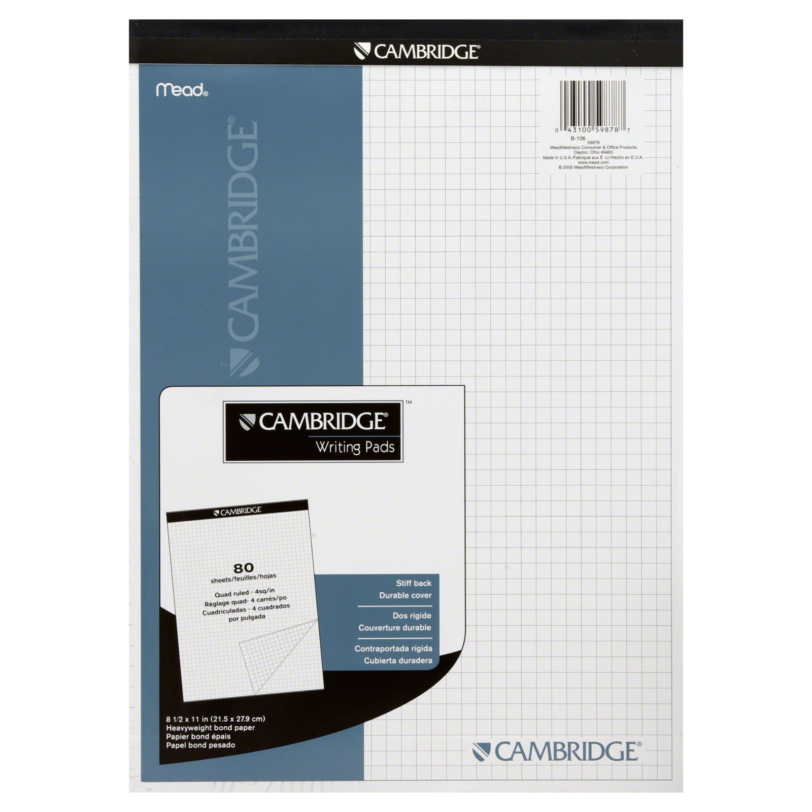 Mead 25113011 Cambridge Writing Pads, Quad ruled, 4 Sq/In, 1 pad