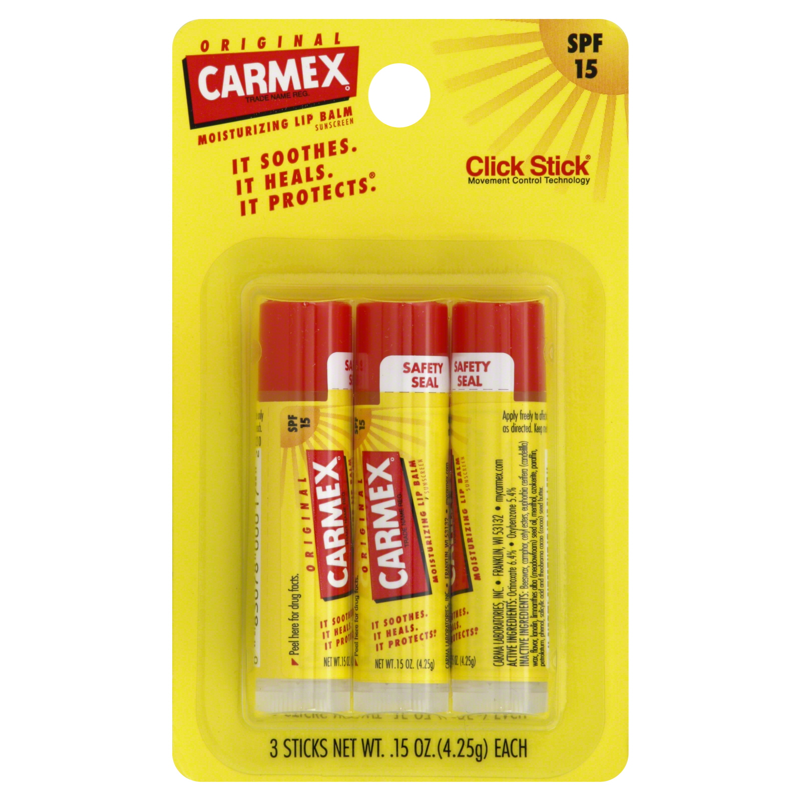 Lip Balm, Moisturizing, Original, Click Stick, 3 - 0.15 oz (4.25 g) sticks