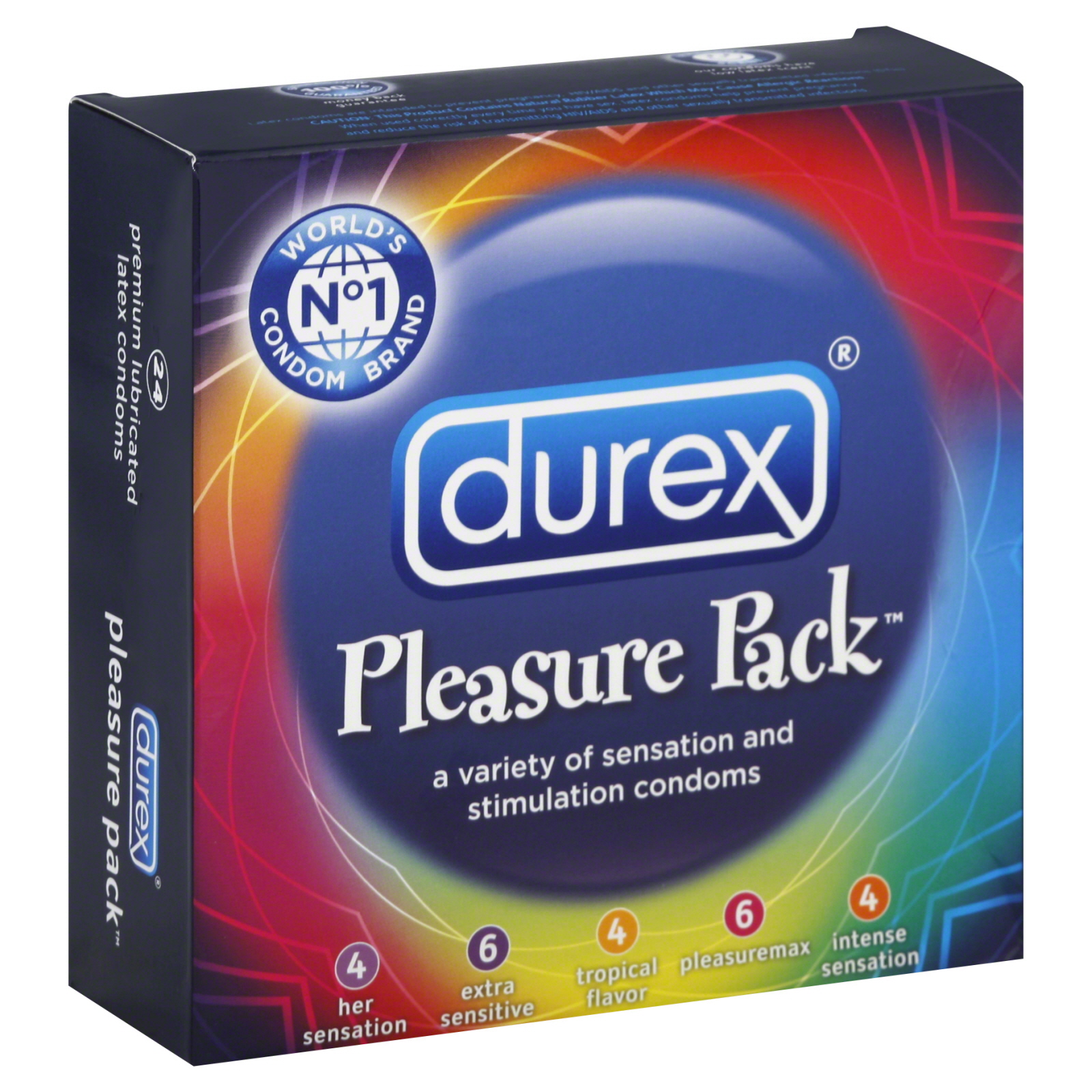Durex Pleasure Pack Condoms, Premium Lubricated Latex, Assorted, 24 condoms