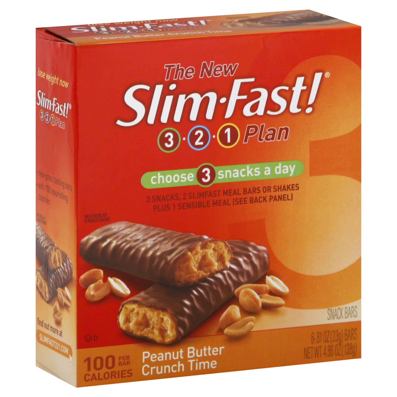 Slim-Fast 3-2-1 Plan Snack Bars, Peanut Butter Crunch Time, 6 - 0.81 oz (23 g) bars [4.86 oz ...