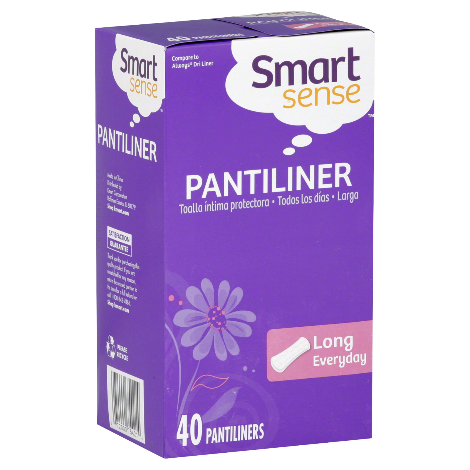Smart Sense Pantiliners, Long, Everyday, Unscented, 40 pantiliners