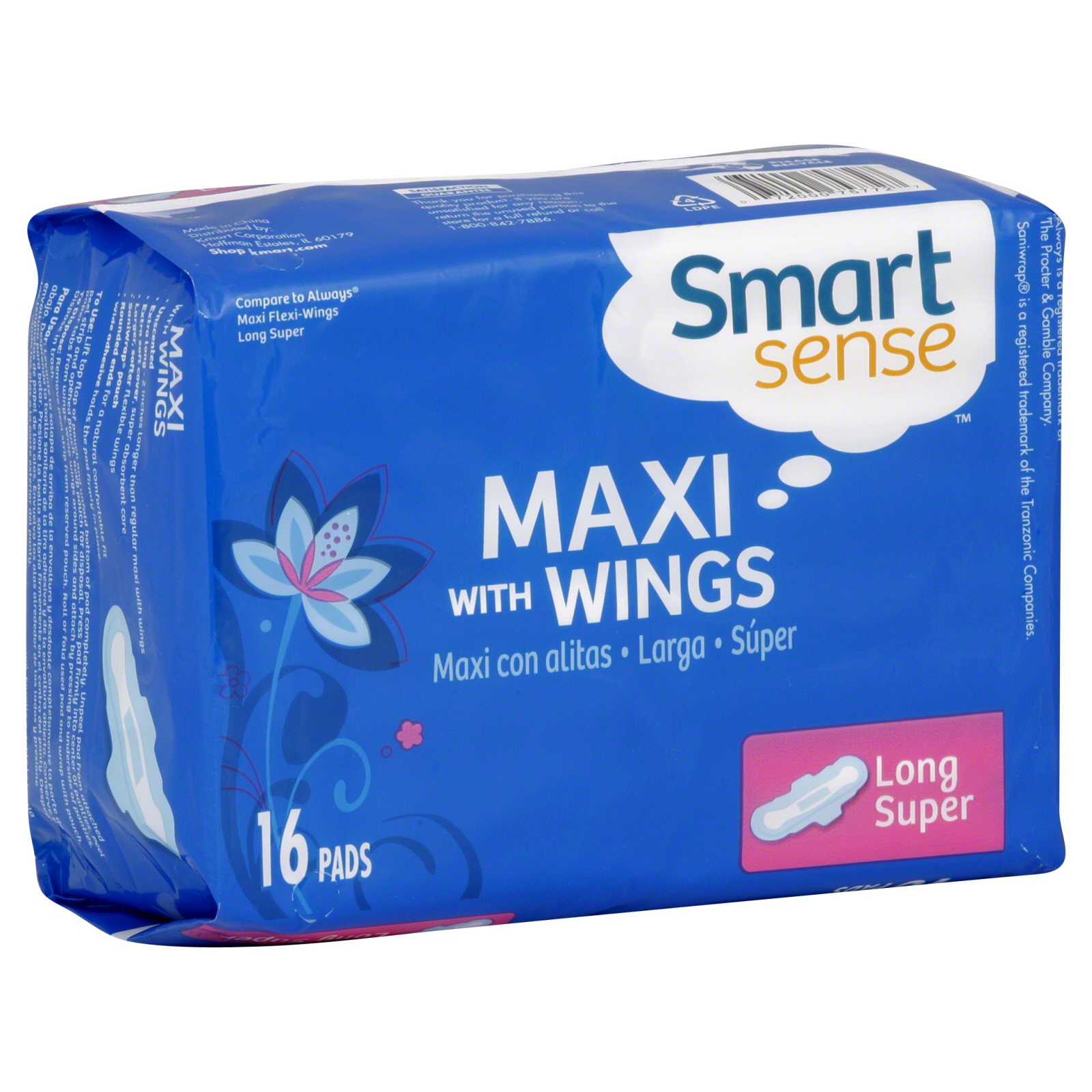 Smart Sense Maxi Pads, with Wings, Long, Super, Unscented, 16 pads