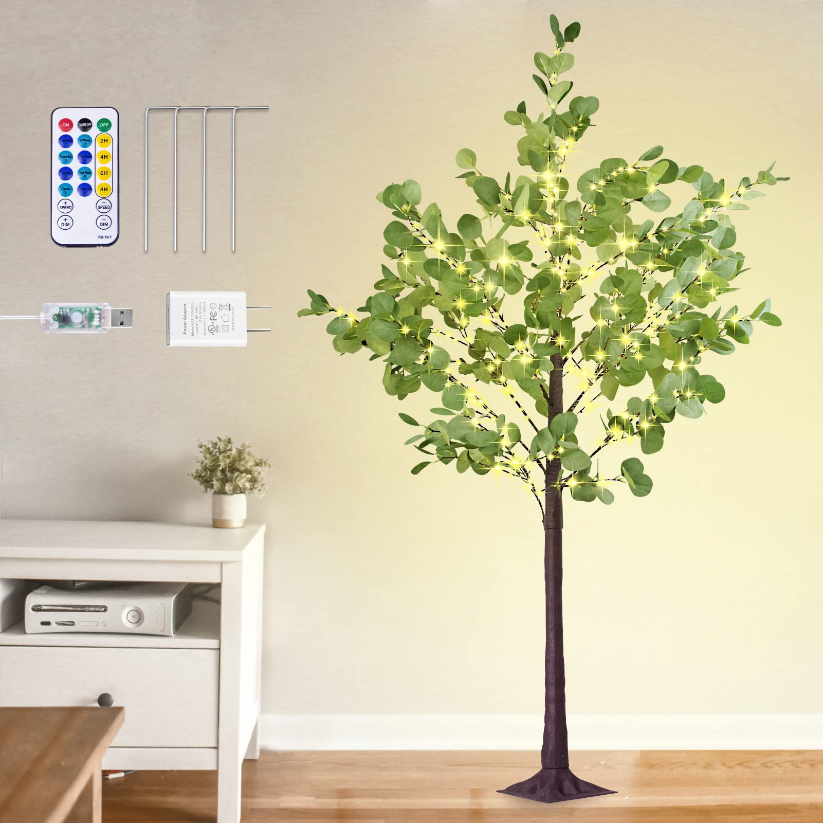 Remon 6Ft Lighted Artificial Eucalyptus Tree, 8 Flashing Dimmable Modes ...
