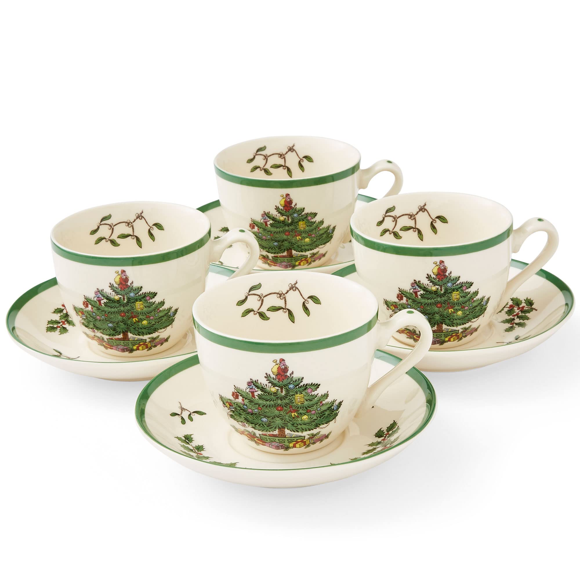 Spode christmas Tree collection Teacup and Saucer, Set of 4, green Trim ...