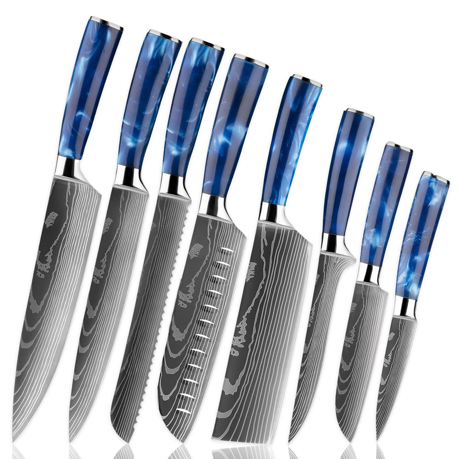 Senken Knives SENKEN 8-Piece Japanese Knife Set with Blue Resin Handle ...