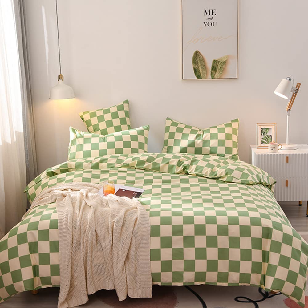 Clothknow Sage Green Grid Comforter Set Queen Green And White Bedding ...