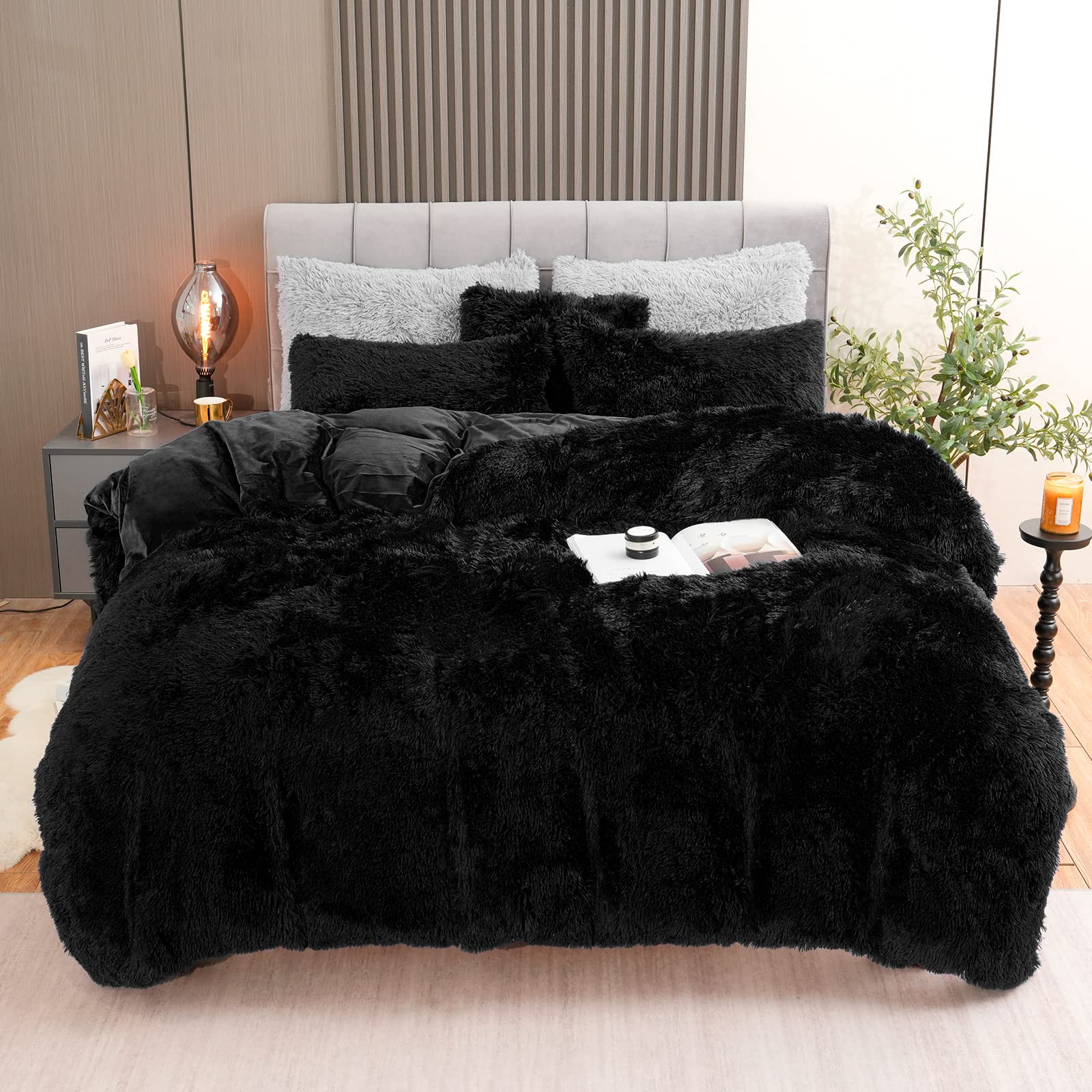 BLEUM CADE Fluffy Plush Black Duvet Cover Set King Size, Luxury Ultra ...