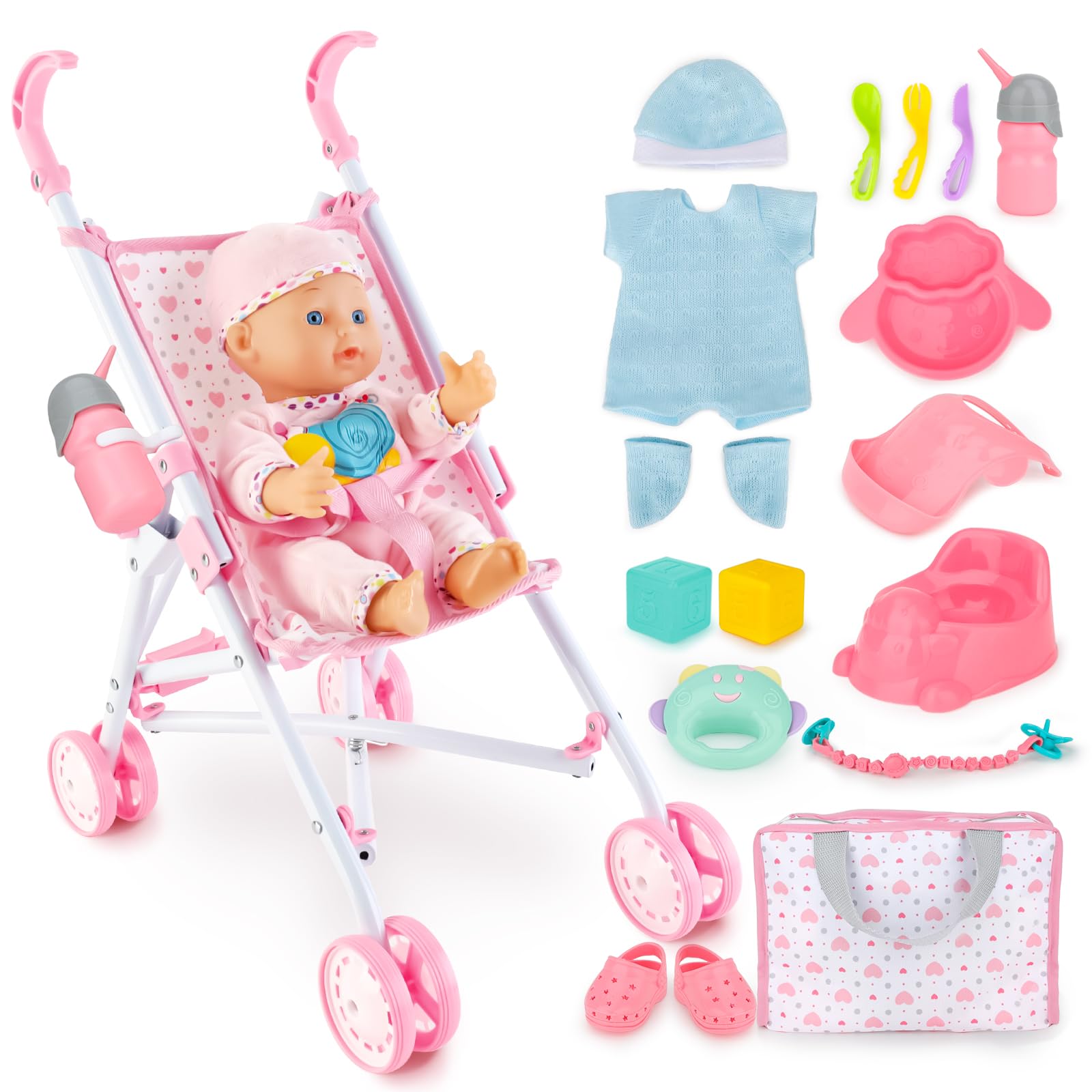 deAO Baby Doll Stroller Set with 13 inch Doll,Kids Play Stroller Toys ...